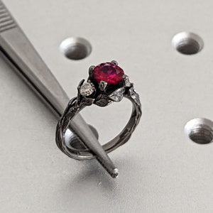 1ct Round Lab Ruby 14K Black Gold Gothic Promise Ring | Nature Inspired ...