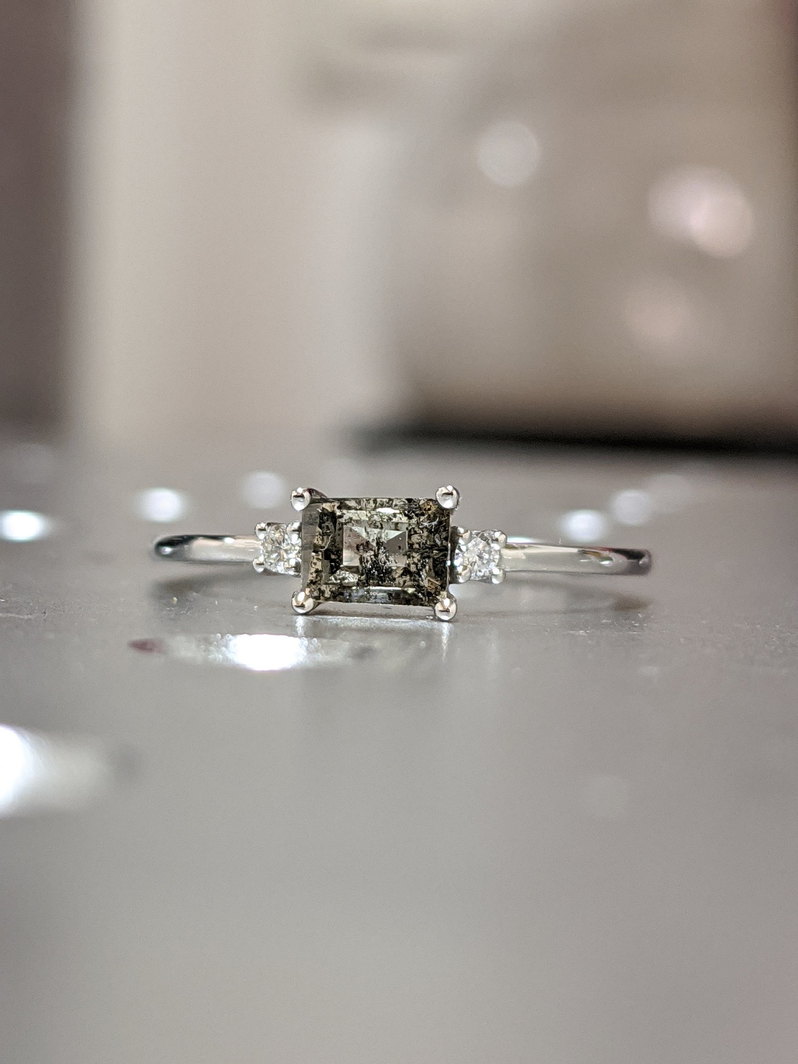 White Gold Emerald Baguette Raw Salt and Pepper Diamond Gold - Etsy