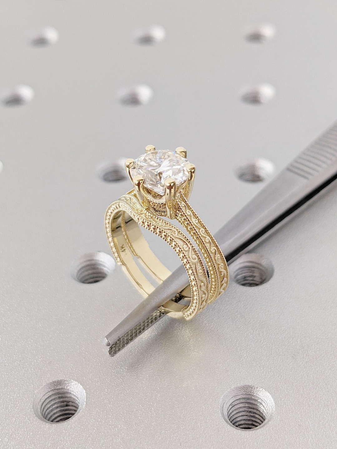 Unique Vintage Lab Grown Diamond Ring Bridal Set / Solid Gold Art Deco ...