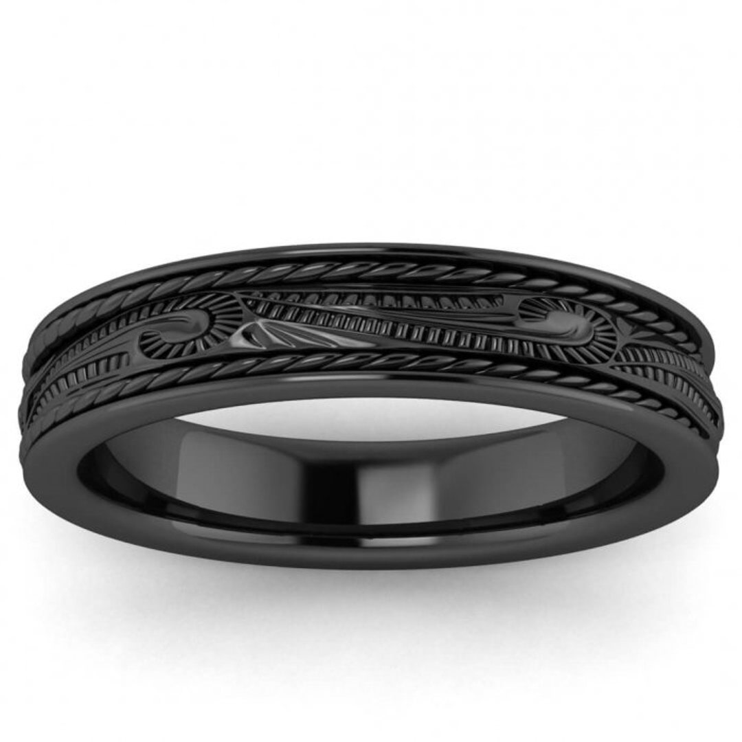 14k Black Gold Scroll Wedding Ring 4.5mm, Engraved, Ropes Design ...