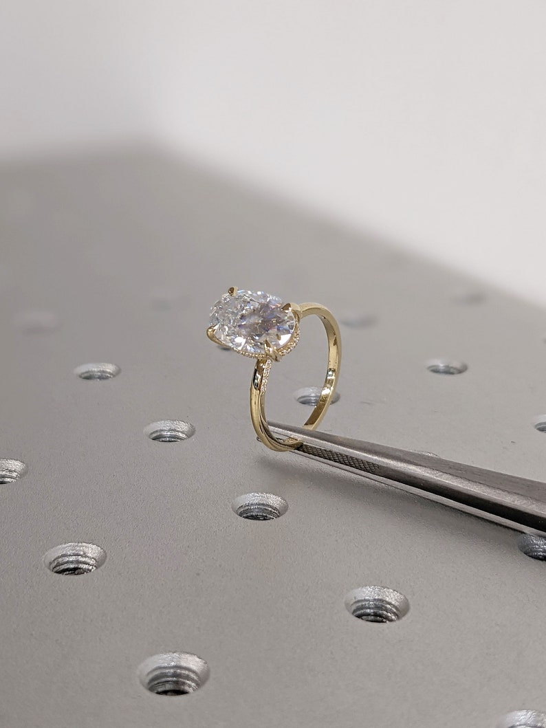 3ct Oval Lab Diamond Solitaire Engagement Ring | 14K Yellow Gold Hidden ...