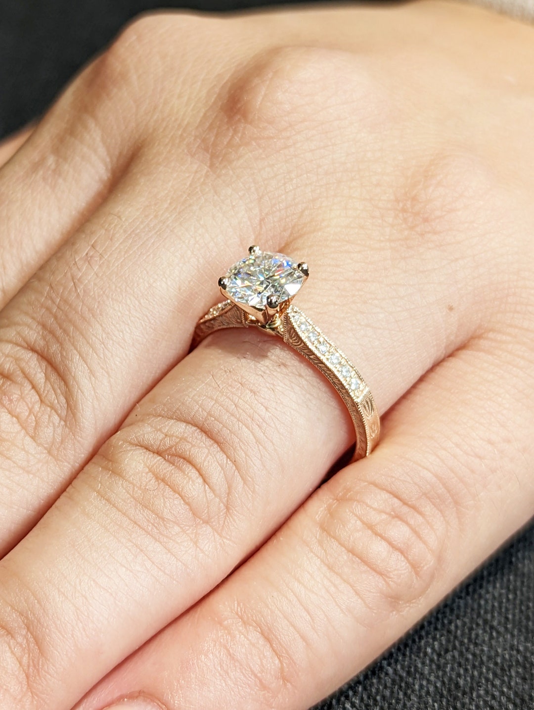 Vintage Engagement Ring 14k Gold Hand Engraved Ring, Moissanite ...
