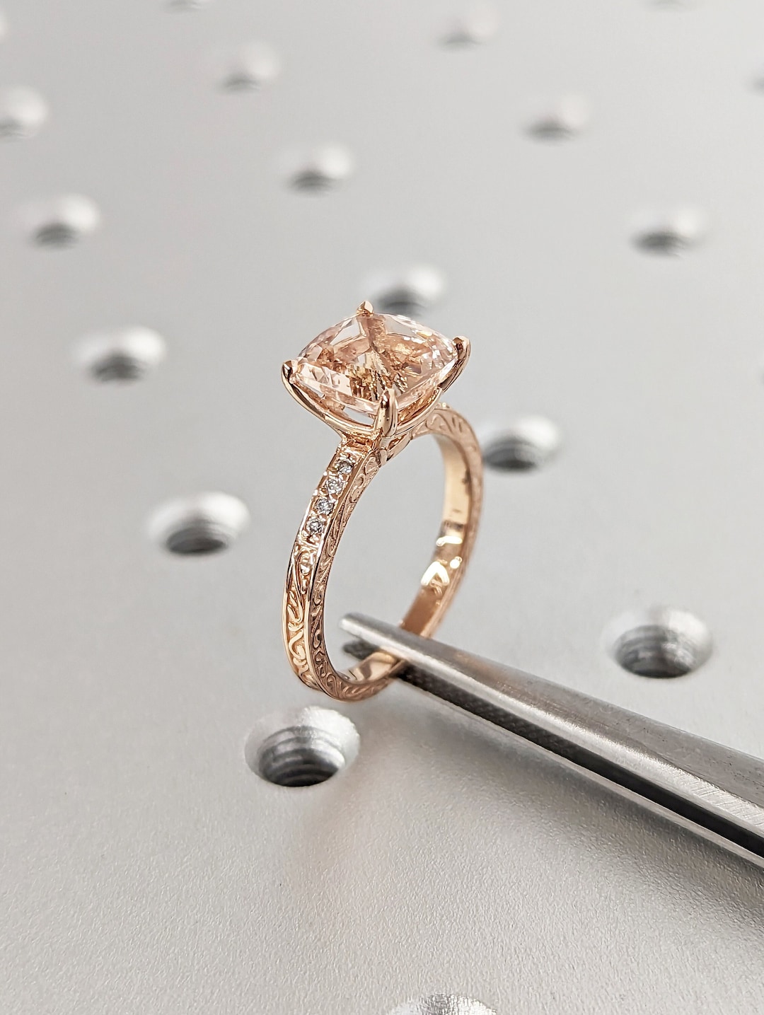 Cushion Cut Morganite Engagement Ring Set Rose Gold Pink Morganite ...