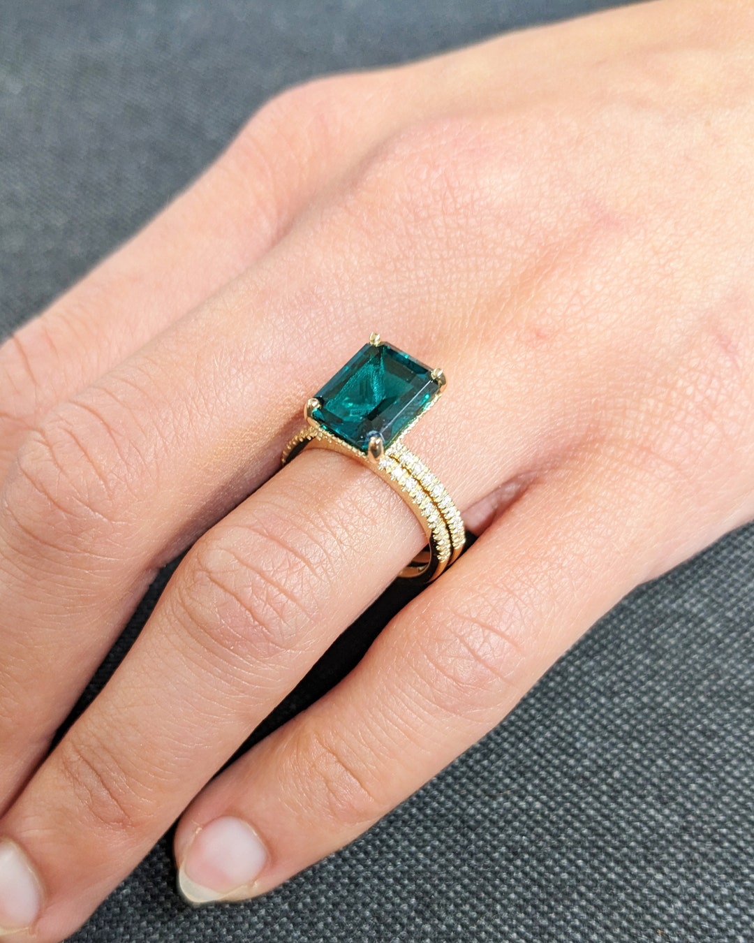 Emerald Engagement Ring Set Real Gold Women Radiant Cut Lab Emerald ...
