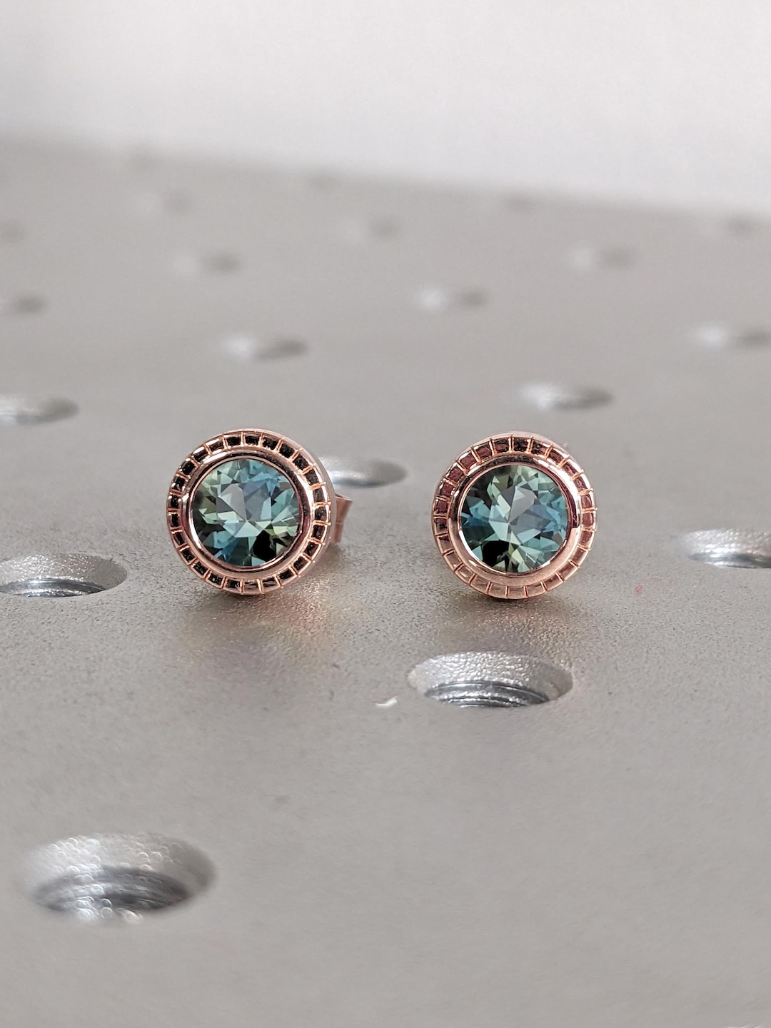 Teal Sapphire Rose Gold Stud Earrings | 0.5ct Sapphire Round Halo ...