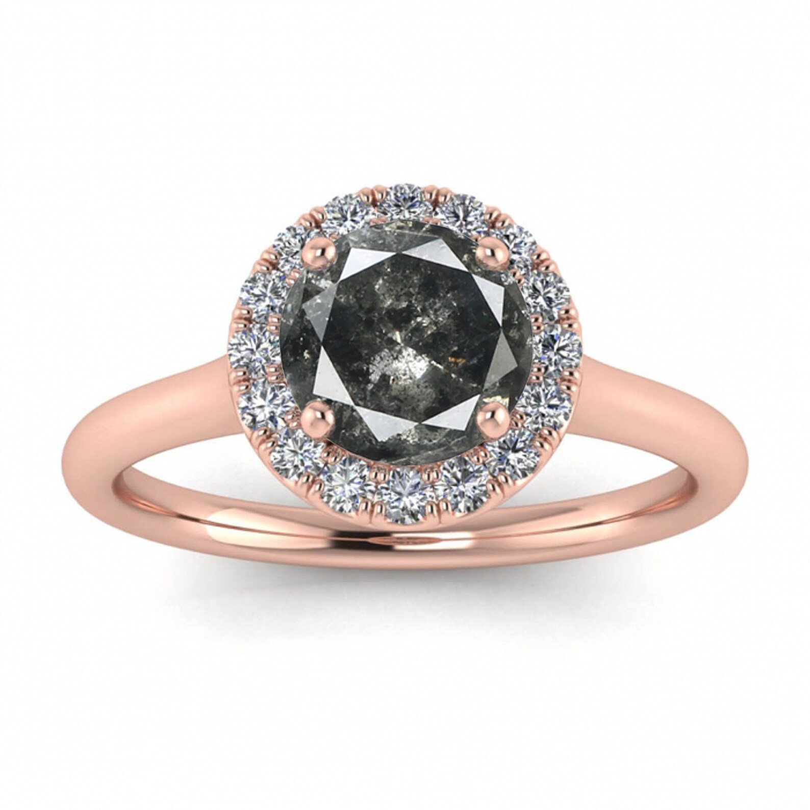 Raw Salt and Pepper Diamond Ring Black Gold Delicate Halo Salt - Etsy