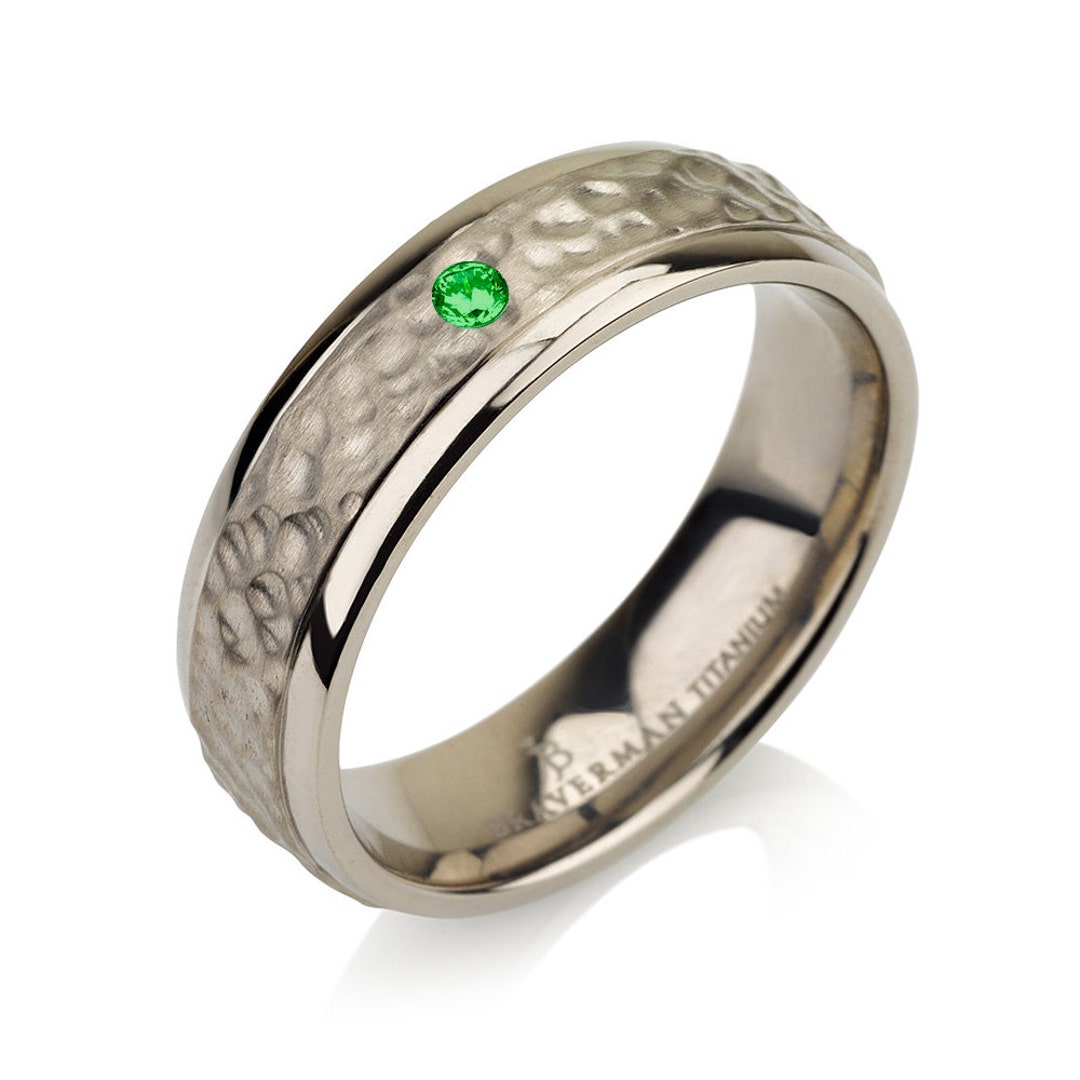 Green Emerald Titanium Hammered Wedding Ring Engagement Ring Brushed ...