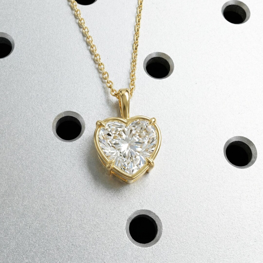 14K Solid Gold Heart Necklace, Lab Diamond Solitaire Pendant, Vintage ...
