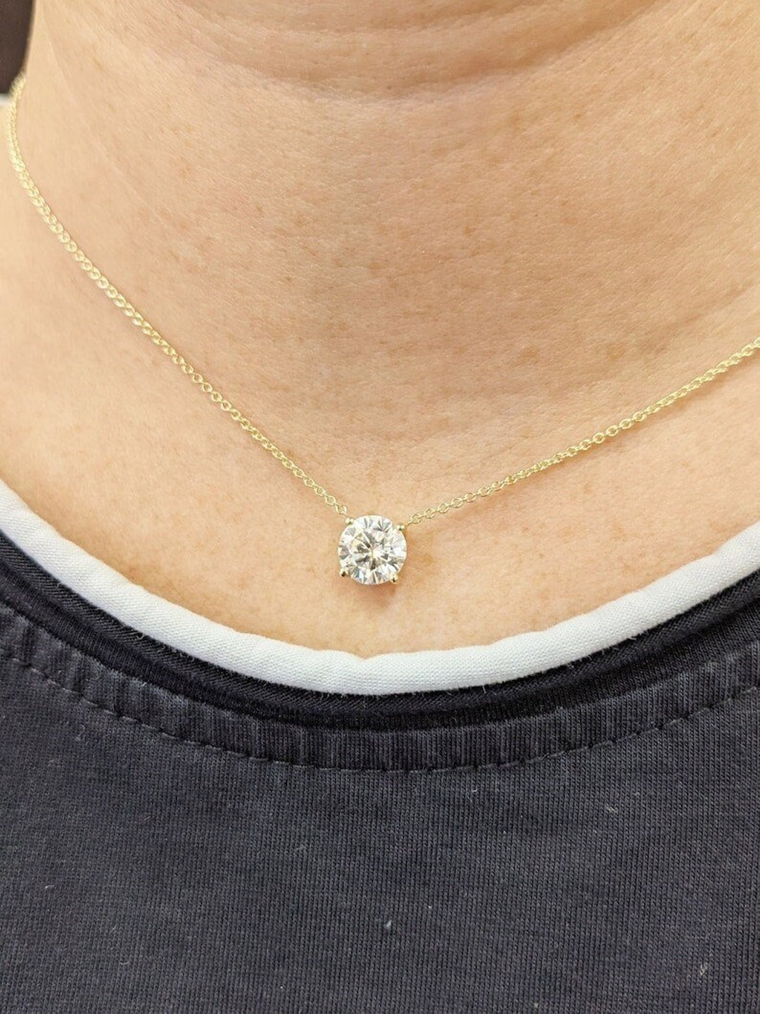 Attached Diamond on Chain, 14K Gold Diamond Necklace, Lab Grown Diamond ...