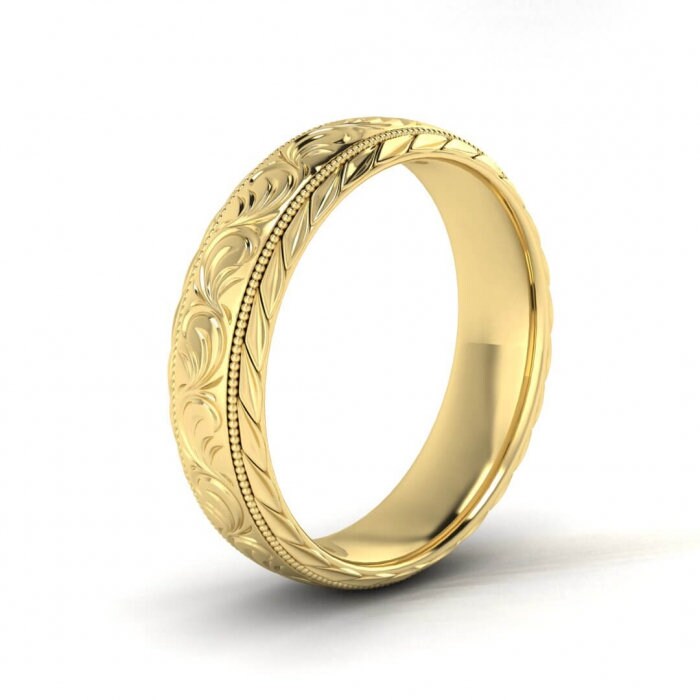 14k Yellow Gold Flower Wedding Ring 5mm Floral Engraved | Etsy