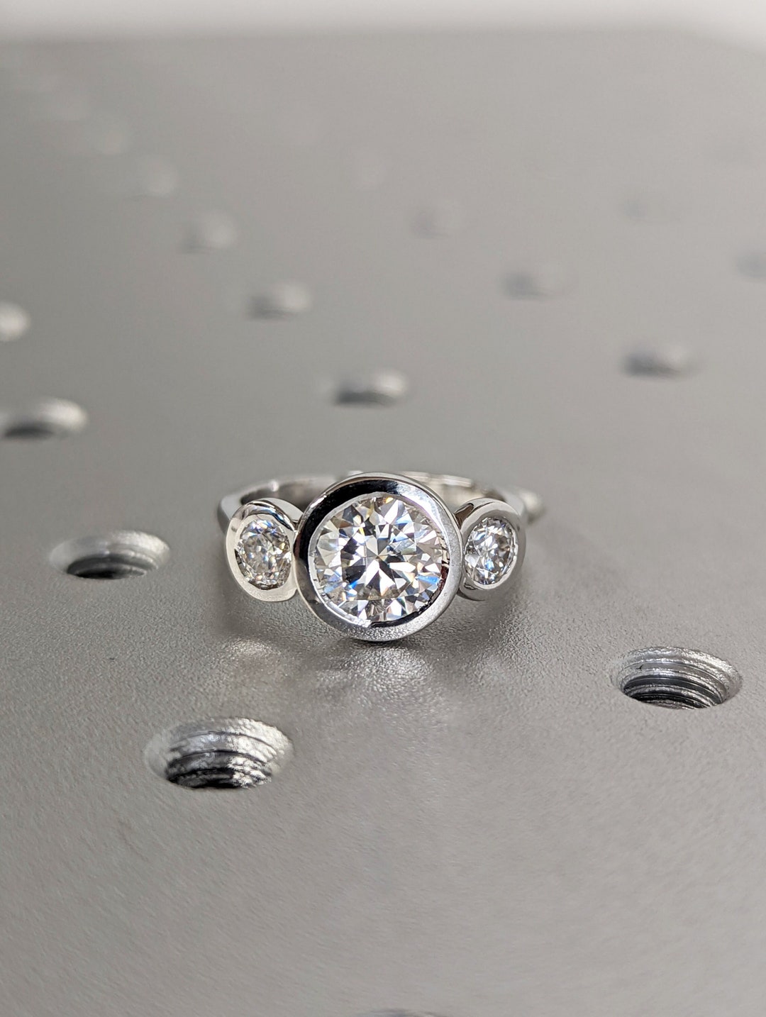 Moissanite Bezel Set Ring / Colorless Round Moissanite Ring / Three ...