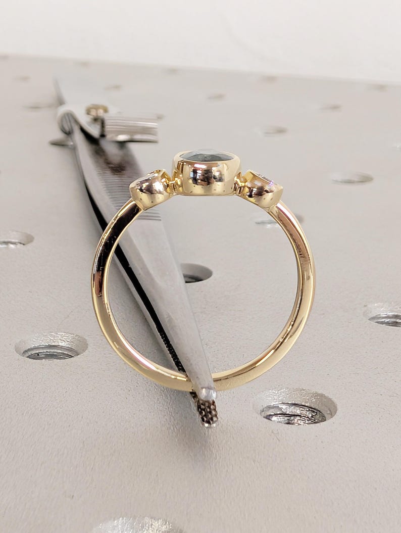 Oval Teal Sapphire Engagement Ring, Art Deco 14k Solid Gold Bezel Set ...