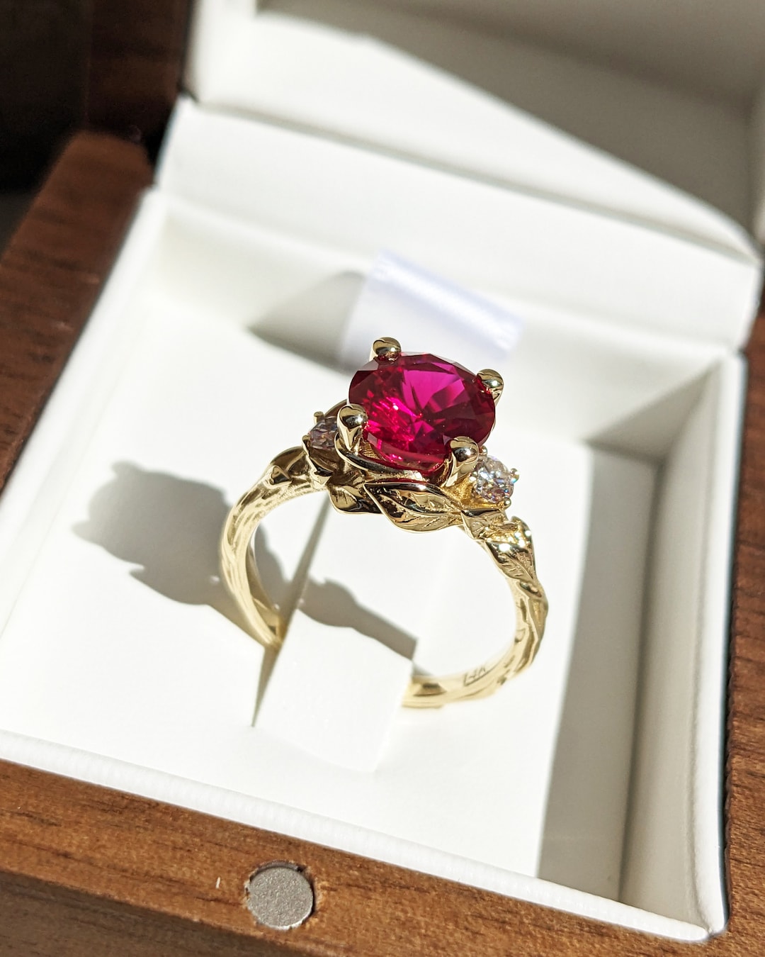 Round Red Ruby 14K Real Gold Promise Ring | Nature Inspired Leaves ...
