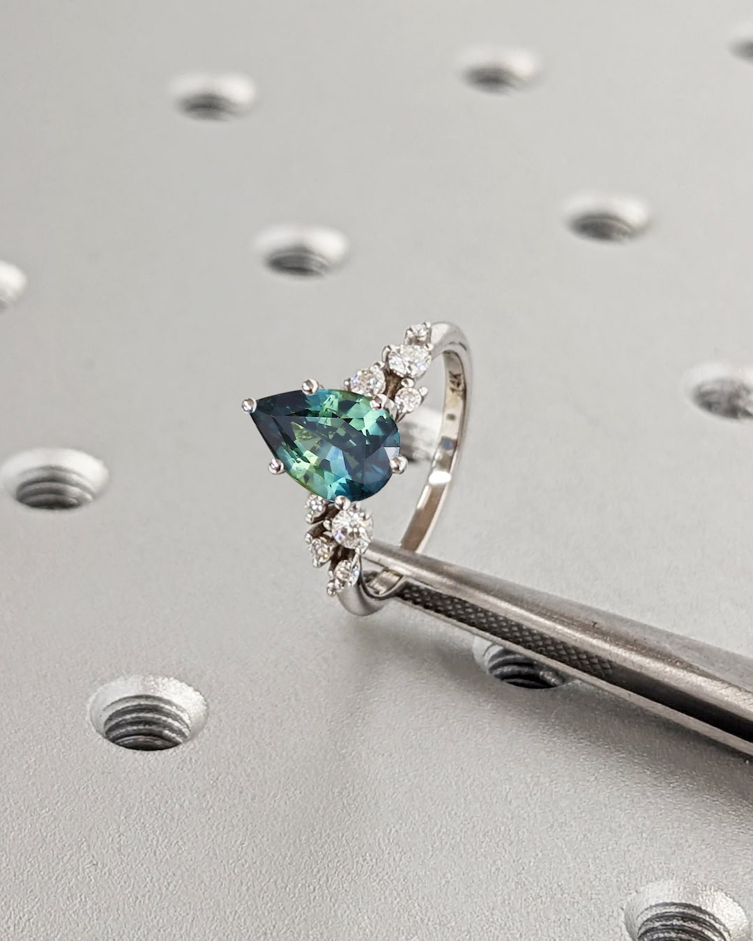 Teal Montana Sapphire Snowdrift Cluster Ring / Pear Cut Blue Green ...