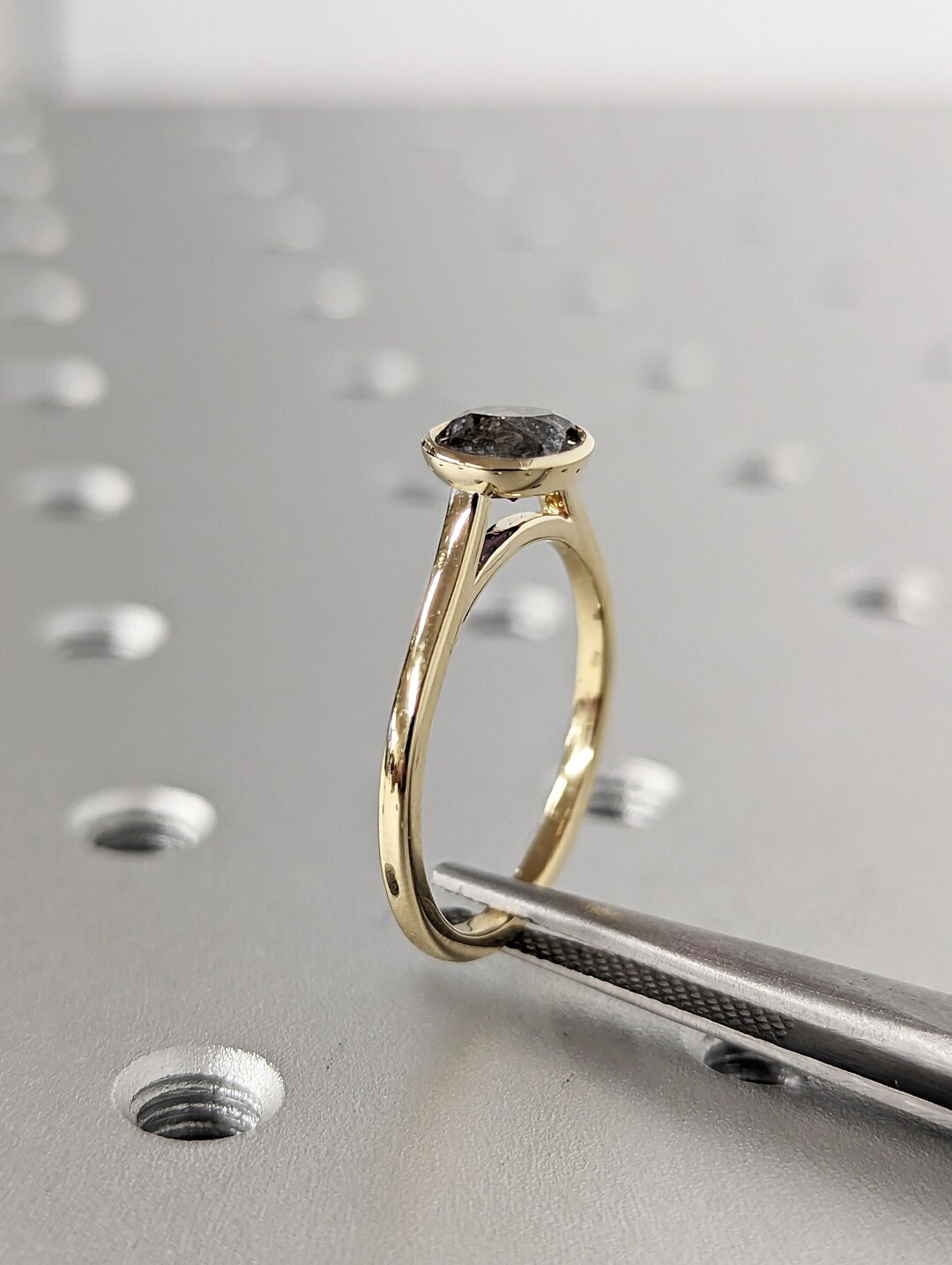 Round Bezel Solitaire Ring Brilliant Cut Galaxy Salt and Pepper Diamond ...