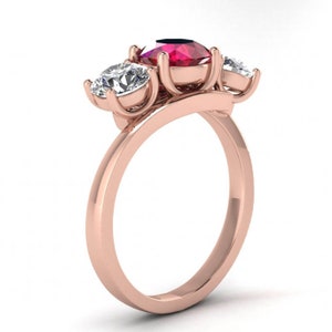 14k Rose Gold Doreen Offset 3 Stone Ruby and Diamond Ring 1 Ct. Tw ...
