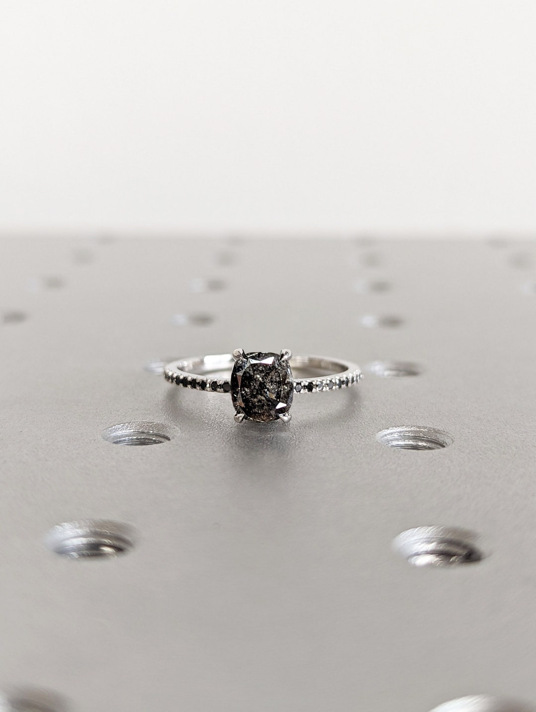 1.0 Carat 1920's Raw Salt and Pepper Diamond, Cushion Diamond Ring ...