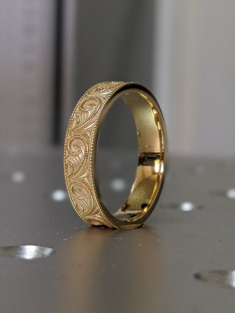 Gold Unique Engraved Wedding Ring, Art Deco Scroll Style Wedding Band ...