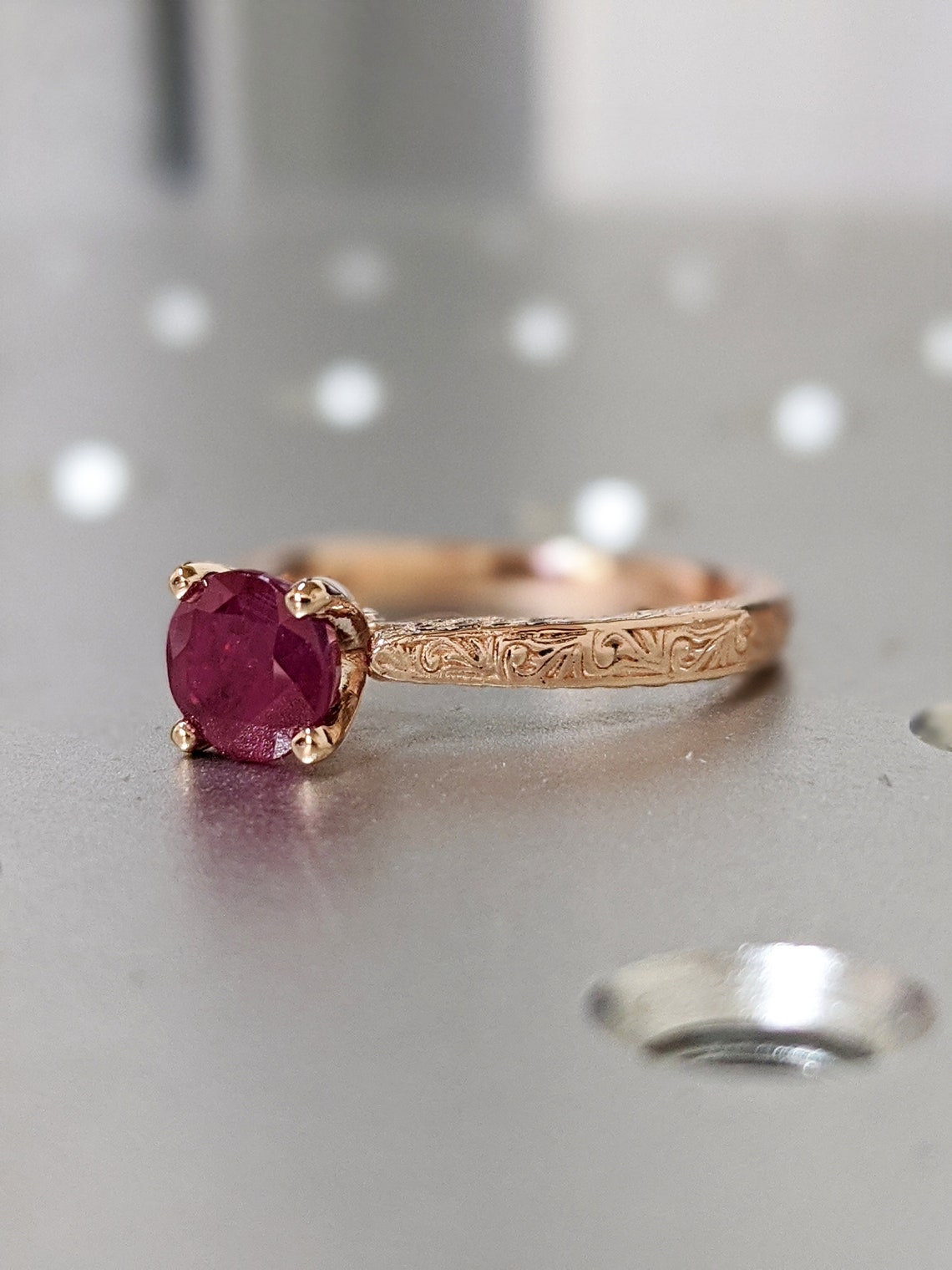 Vintage Ruby Engagement Ring 14k rose gold hand engraved ruby | Etsy