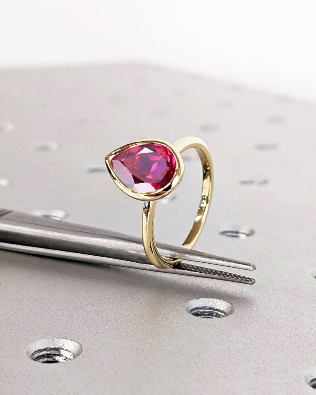 Bezel Set Ruby Ring 14K Solid Yellow Gold Gemstone Engagement Ring for Women -dainty Promise ...