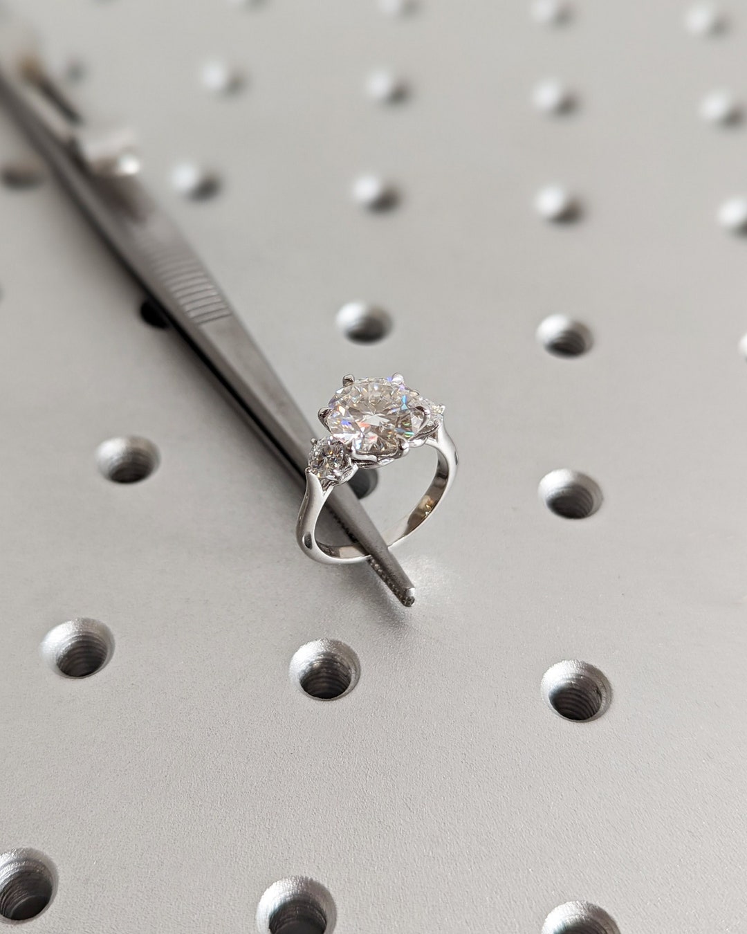 Timeless 2.5ct Round Moissanite 3 Stone Engagement Ring | 14K White ...