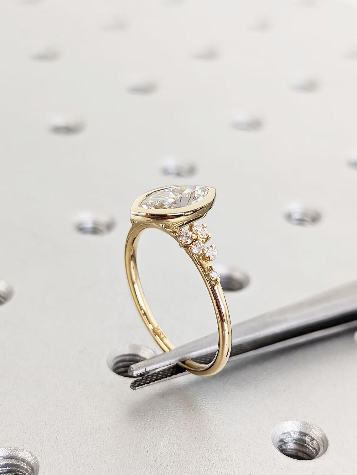 Bezel Set Marquise Moissanite Snowdrift Ring | 14K 18K Solid Yellow ...