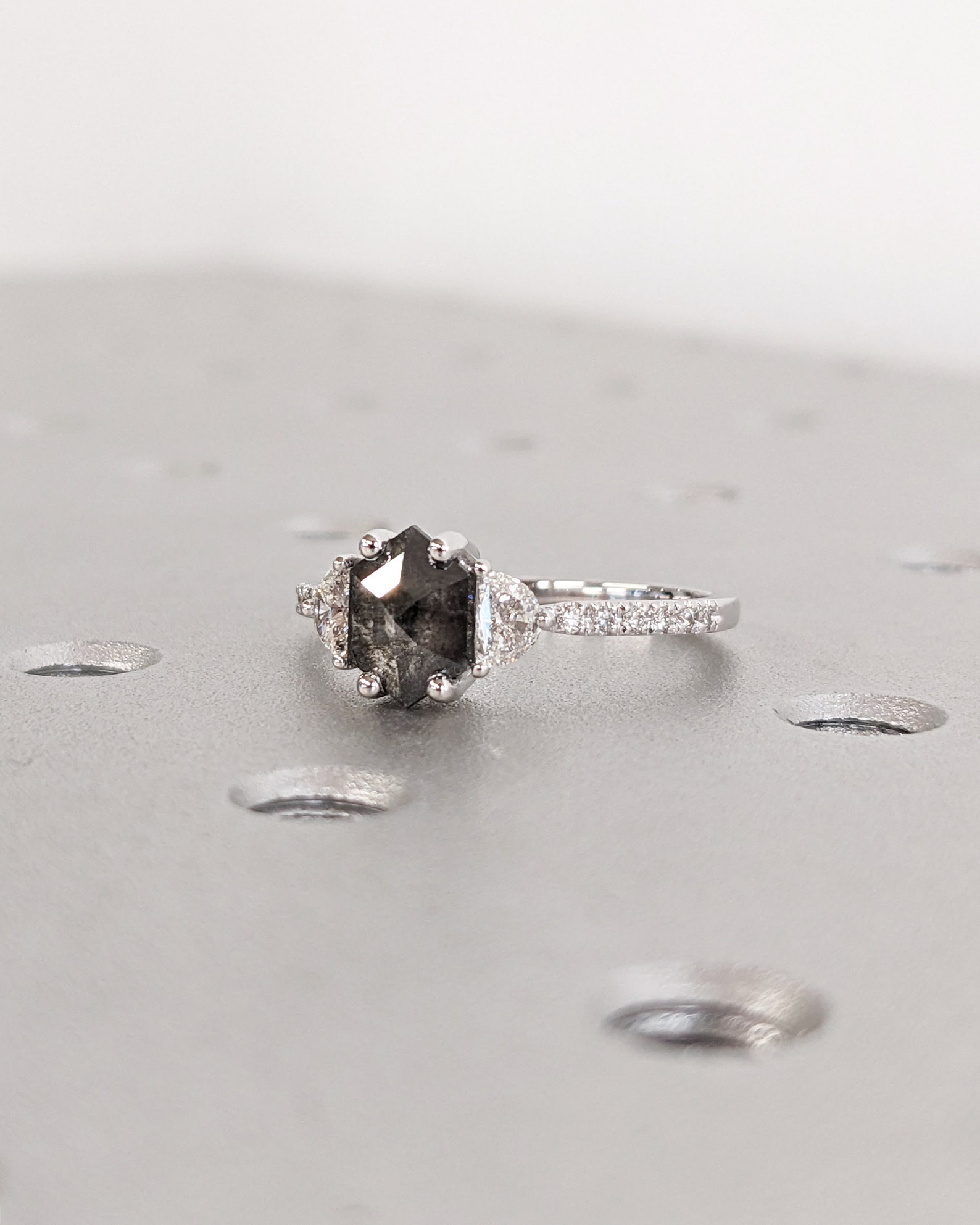 Galaxy Raw Salt and Pepper Diamond Ring- Hexagon Cut Diamond Engagement ...