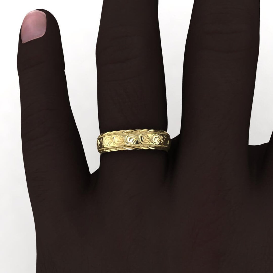 14k Yellow Gold Flower Wedding Ring 5mm Floral Engraved | Etsy