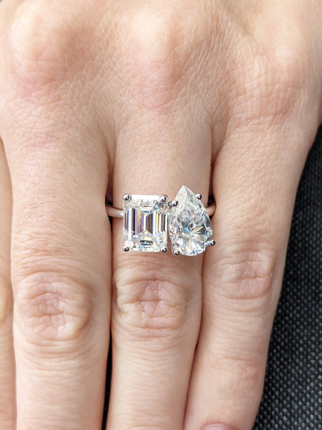 2.5 Carat Double Stone Engagement Ring Pear Cut and Emerald Cut Moissanite Two Stone Wedding ...