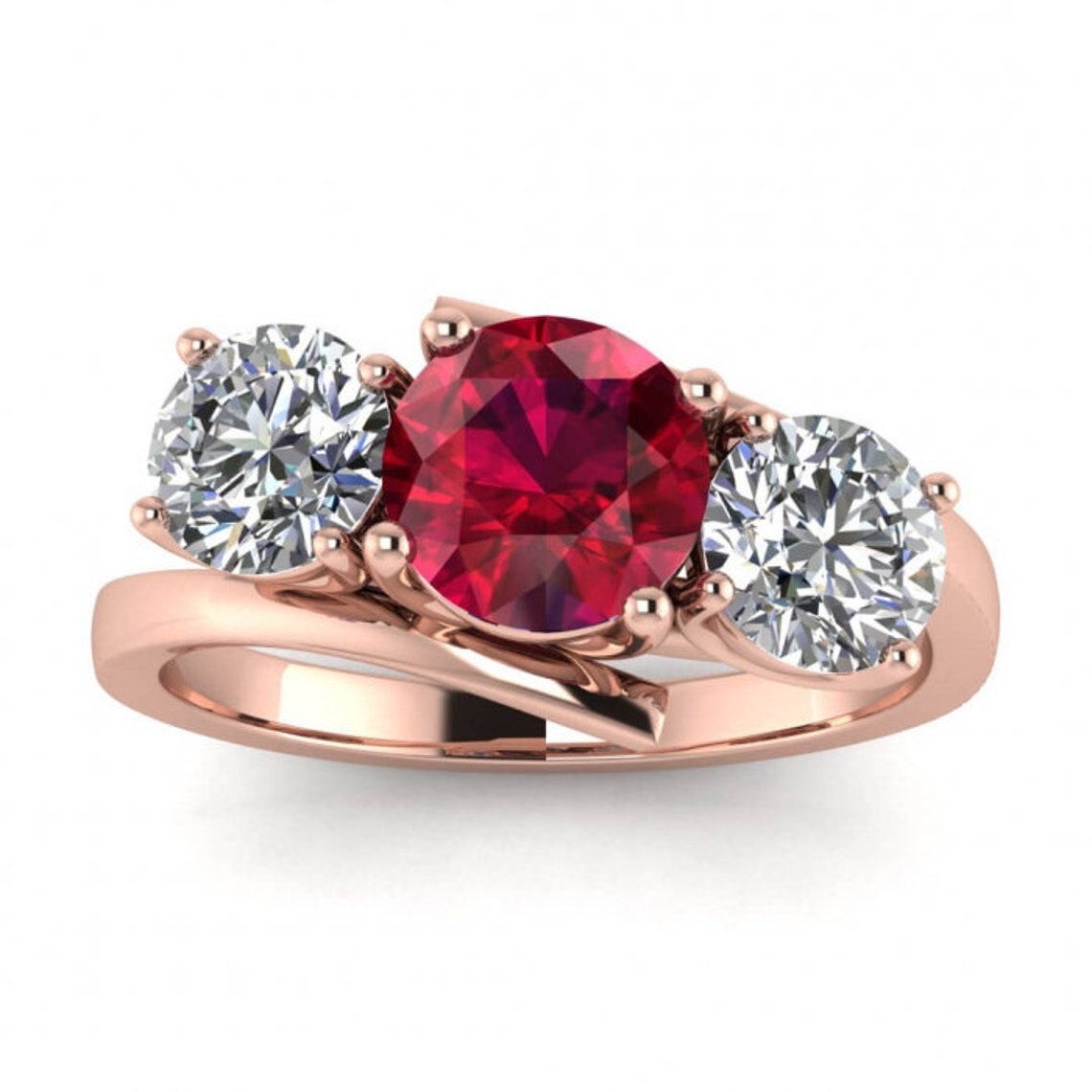 14k Rose Gold Doreen Offset 3 Stone Ruby and Diamond Ring 1 | Etsy