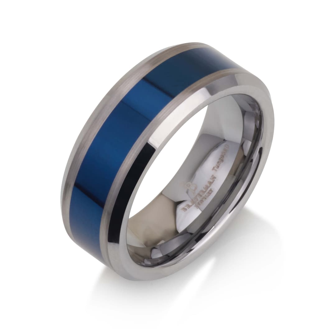 Shiny Blue Tungsten Ring, Blue Tungsten Band, Blue Wedding Ring ...
