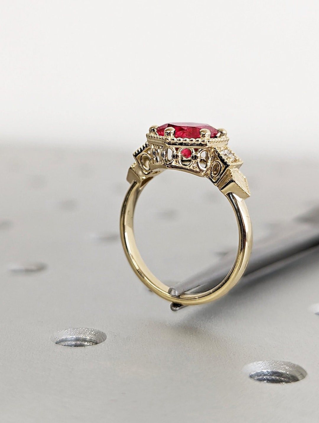 14K Solid Gold Ruby July Birthstone Ring, Round Cut Diamond Trellis Ring, Vintage Dainty Ruby ...