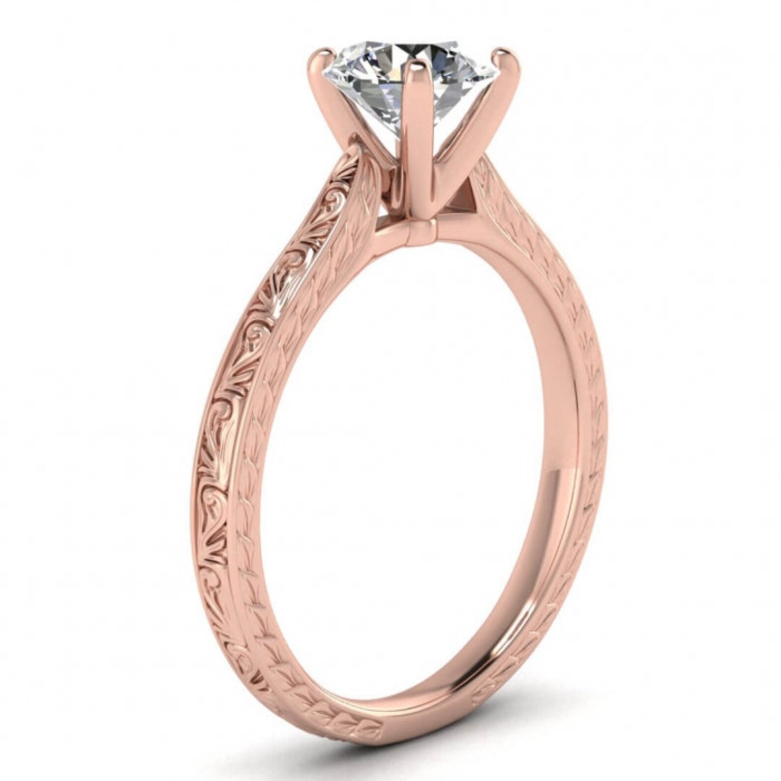 Rose Gold Hand Engraved Ring, Cathedral Setting, High Profile Prongs ...
