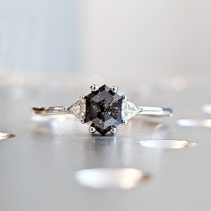 Raw Diamond Hexagon Triangle Diamond, Salt and Pepper, Plain Unique Bridal Engagement Set, Rose ...