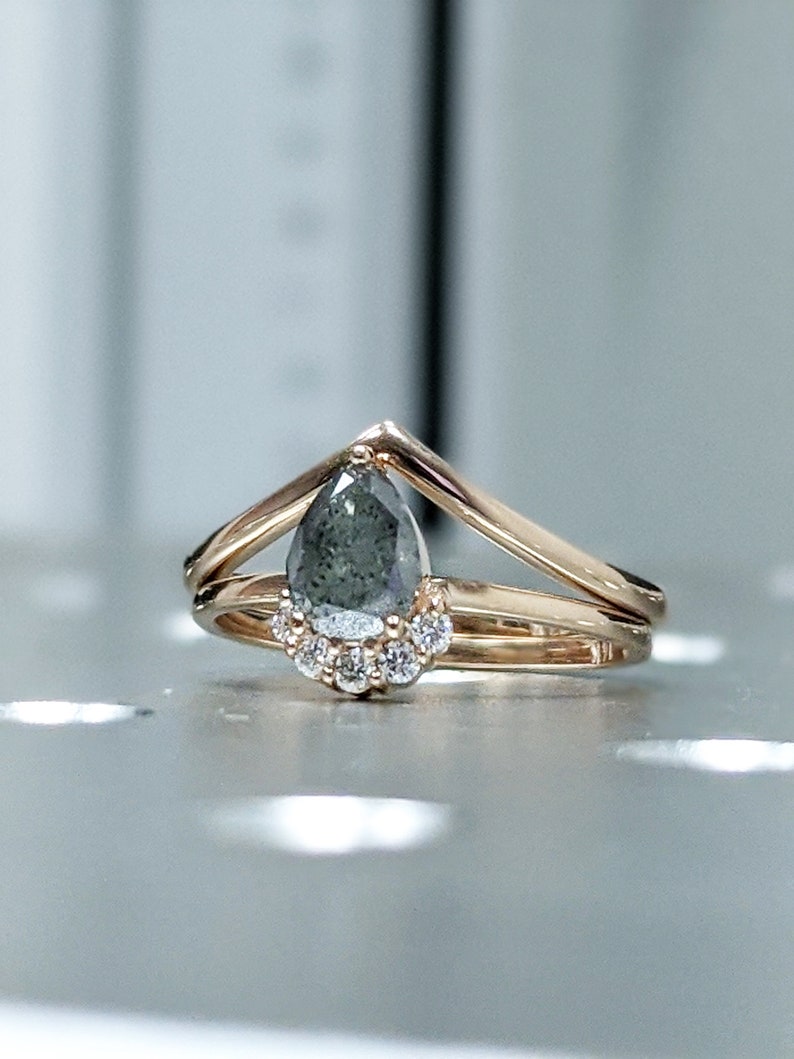 Raw Salt and Pepper Diamond Rose Cut Pear Diamond Ring - Etsy