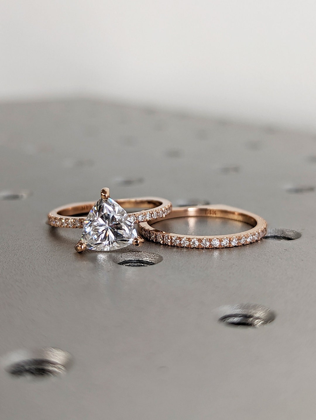 Trillion Moissanite Engagement Ring Set Vintage Unique Rose Gold ...