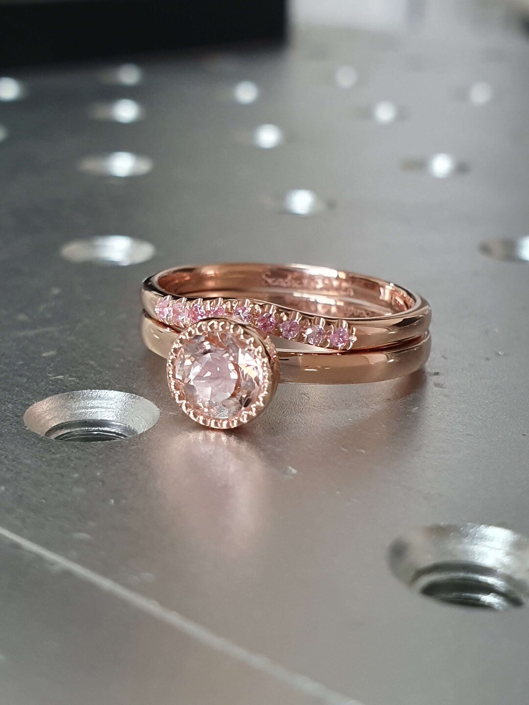 14K Gold 5MM Morganite Bridal Set Rose Gold Morganite Engagement Ring ...