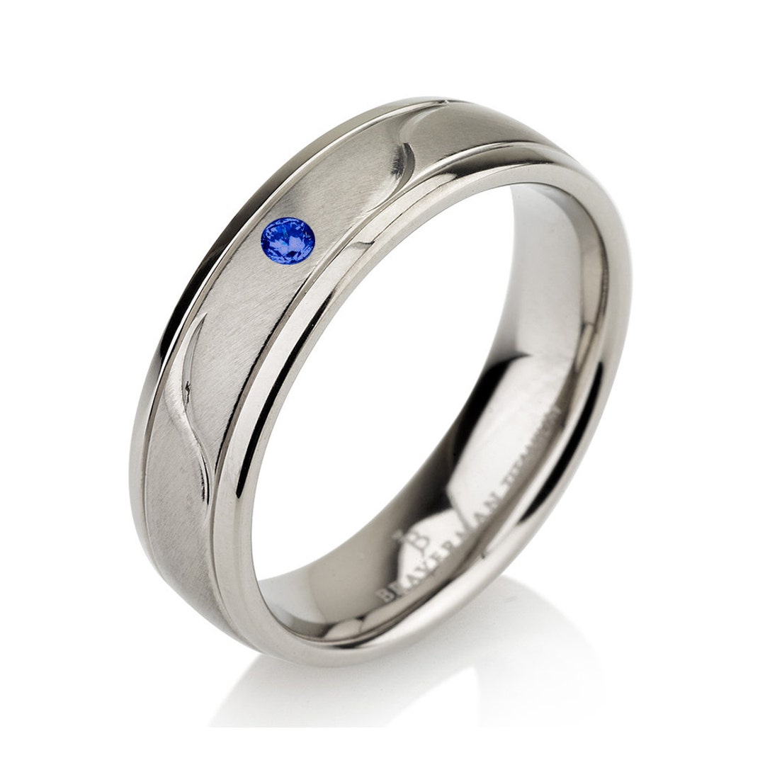 Blue Sapphire Ring Brushed Titanium Band, Titanium Wedding Ring ...