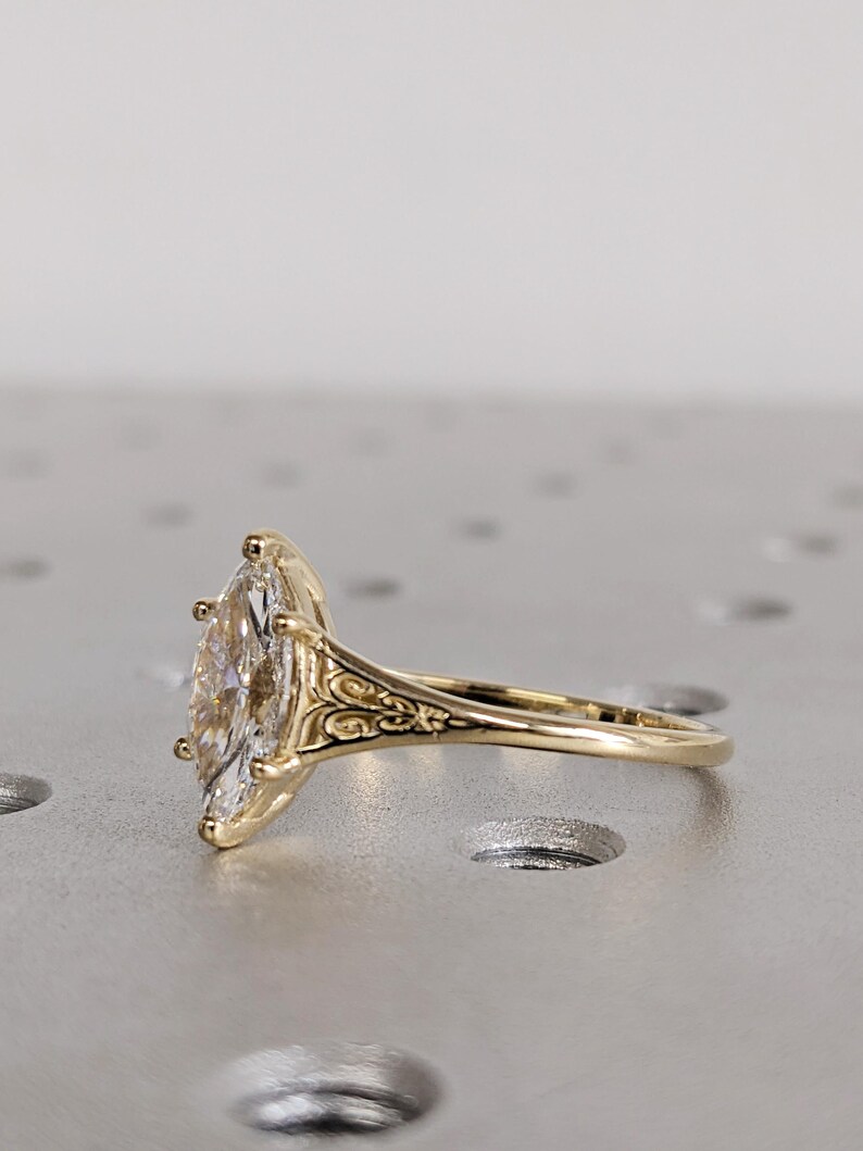 Victorian Style Marquise Cut Moissanite Ring, Antique Filigree Engraved ...