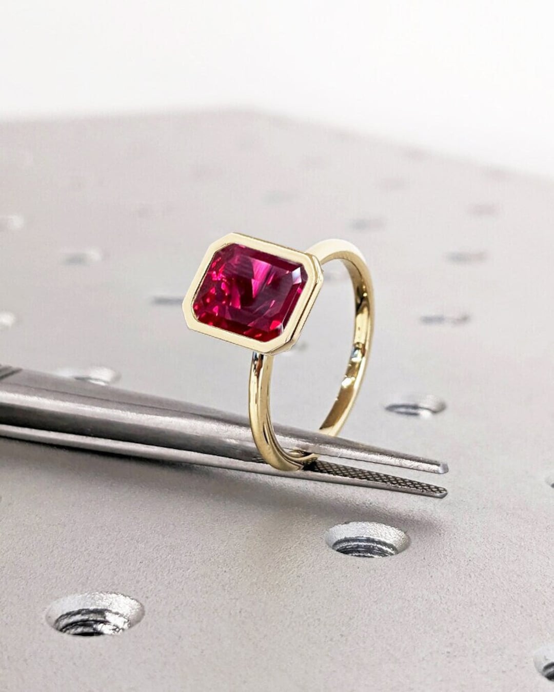 Bezel Set Ruby Ring 14K Solid Yellow Gold Gemstone Engagement Ring for ...