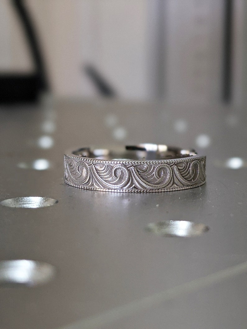 Gold Unique Engraved Wedding Ring, Art Deco Scroll Style Wedding Band ...