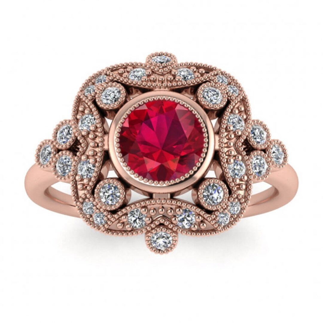 14k Rose Gold Adeline Vintage Ruby and Diamond Engagement Ring 1/4 Ct ...
