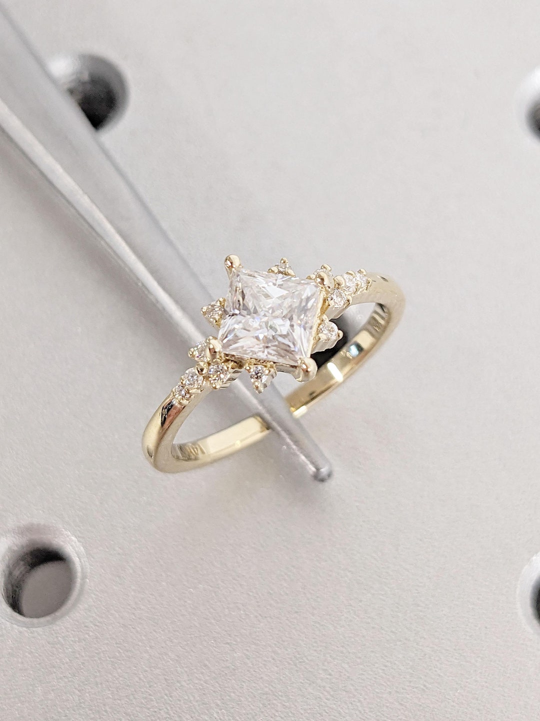 Delicate Princess Moissanite Engagement Ring in Yellow Gold | Wedding ...