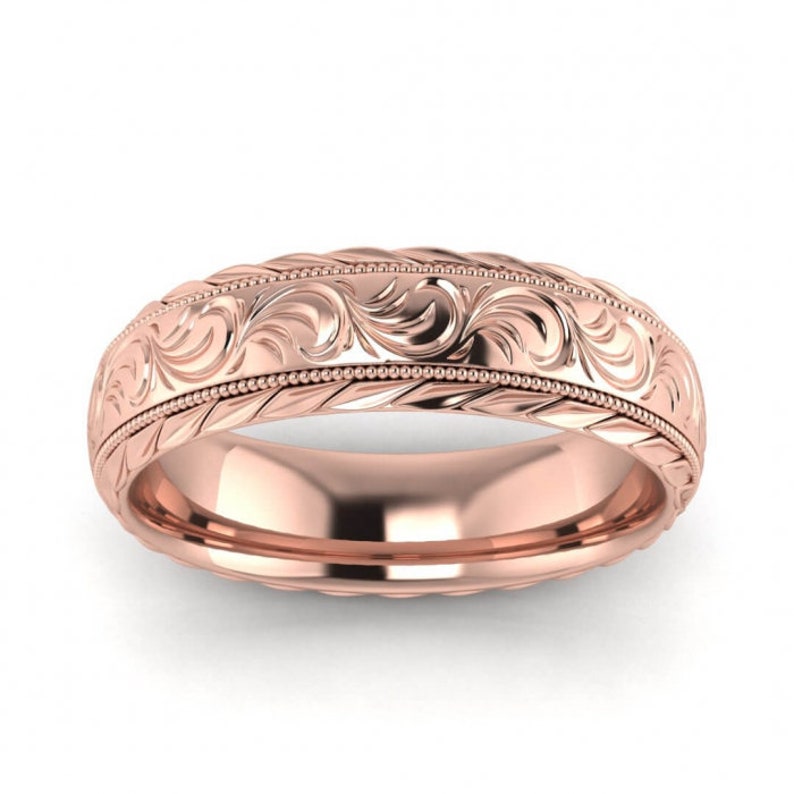 14k Rose Gold Flower Wedding Ring 5mm Floral Engraved - Etsy