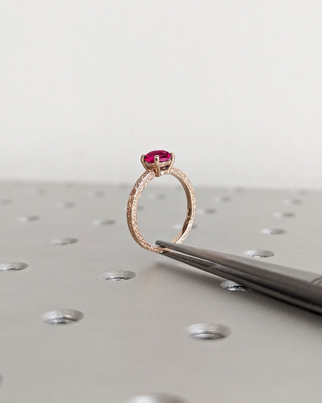 Round Ruby Ring 18K Solid Rose Gold Gemstone Engagement Ring for Women ...