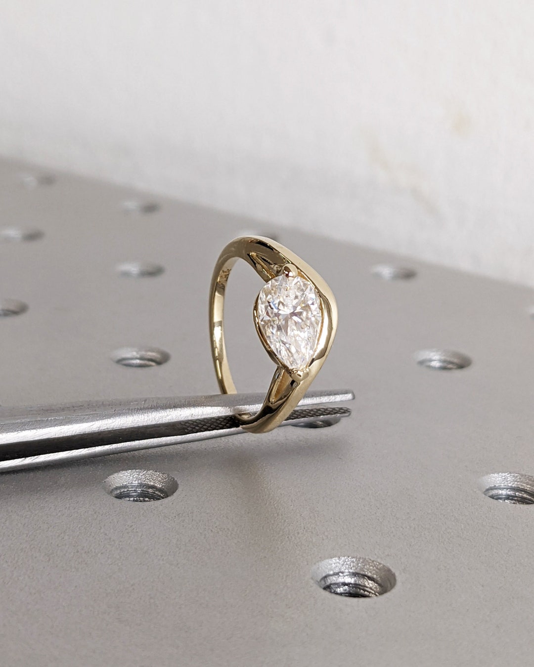 Horizontal Pear Cut Engagement Ring, Solitaire Lab Diamond Wedding Ring ...