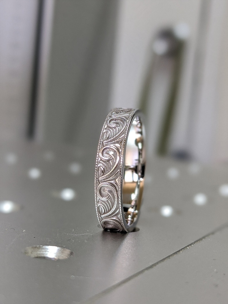 Gold Unique Engraved Wedding Ring, Art Deco Scroll Style Wedding Band ...
