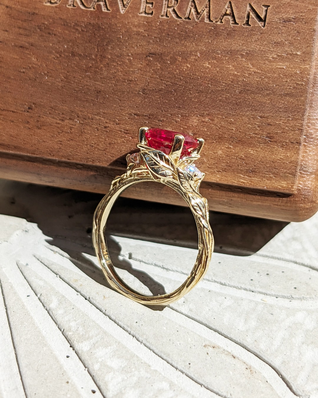 Round Red Ruby 14K Real Gold Promise Ring | Nature Inspired Leaves ...