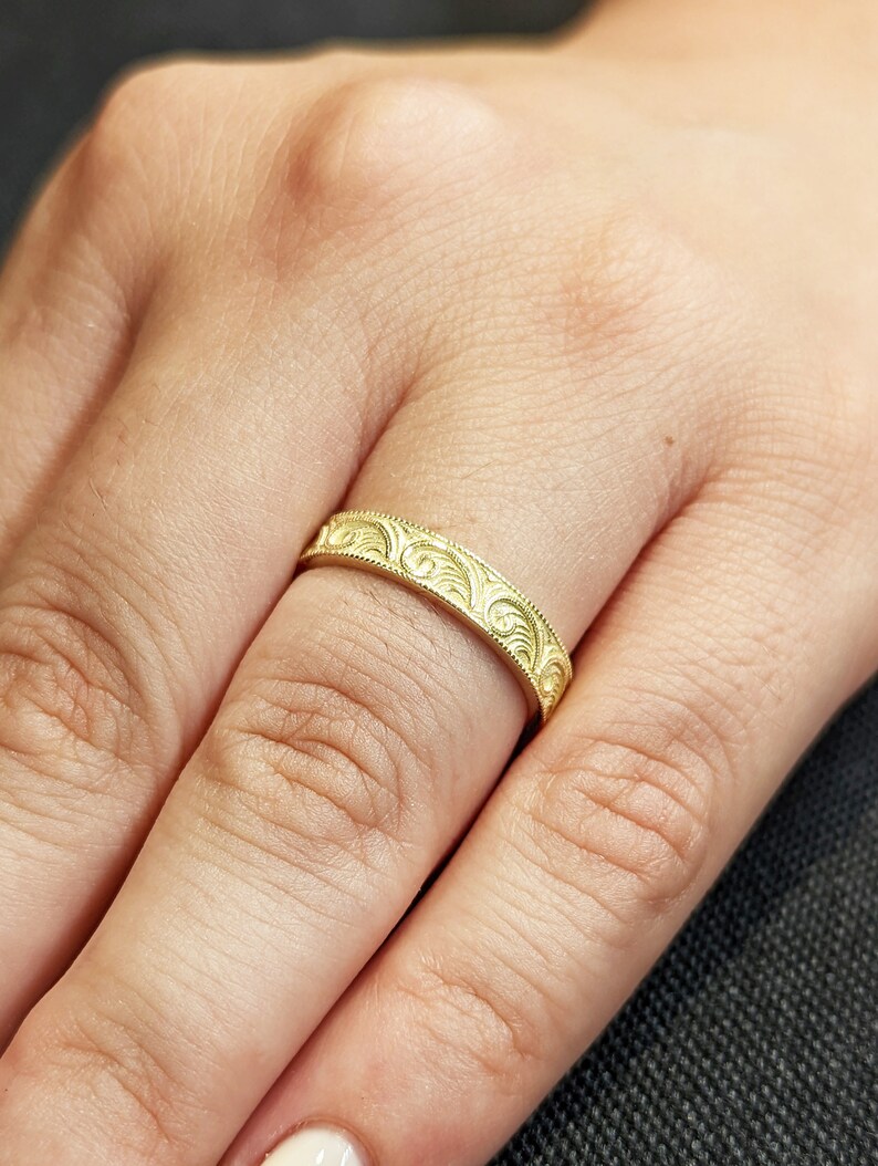 Gold Unique Engraved Wedding Ring Art Deco Scroll Style - Etsy