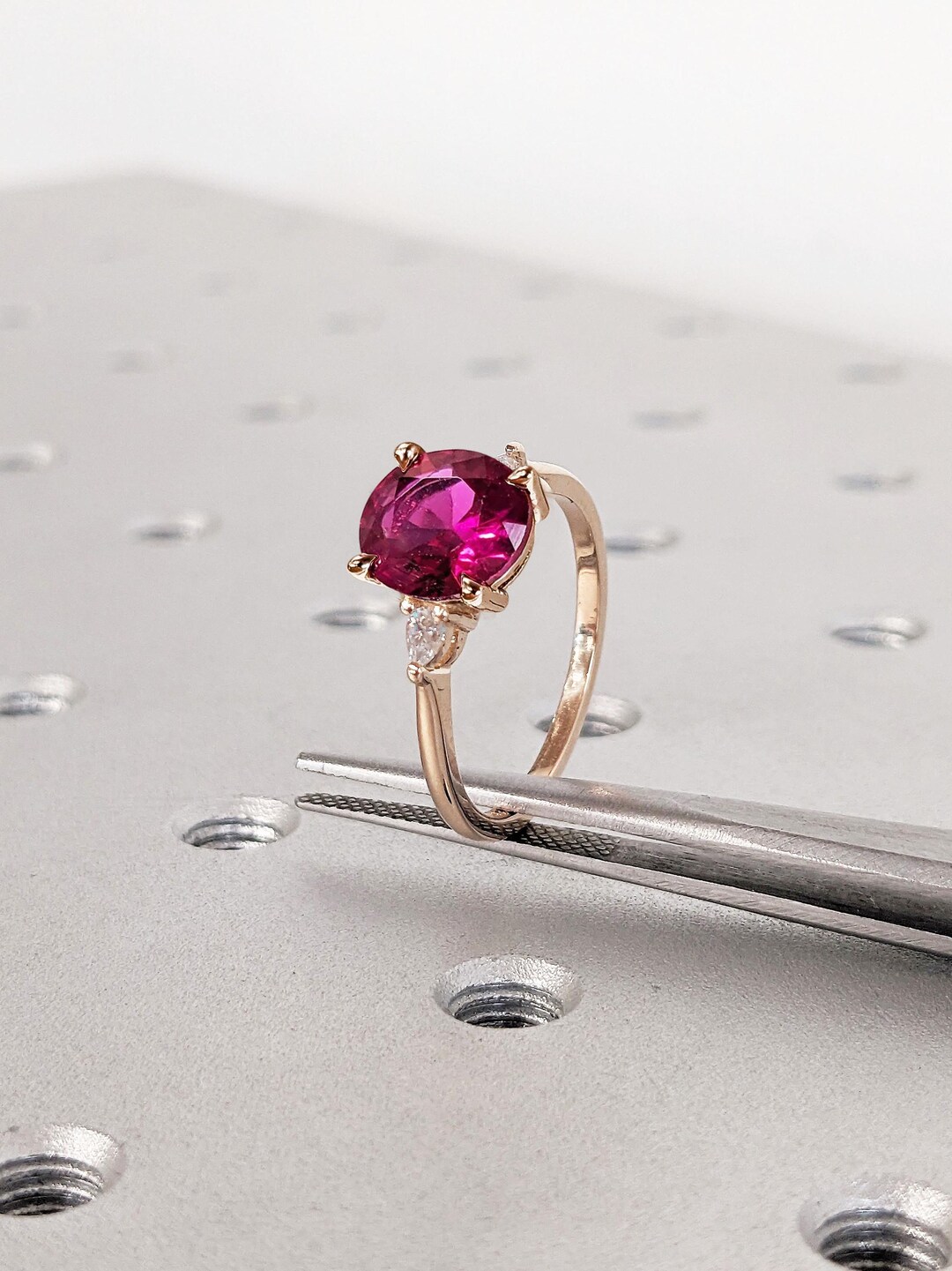 14k Rose Gold Ruby and Lab Diamond Engagement Ring | Round Cut Ruby ...